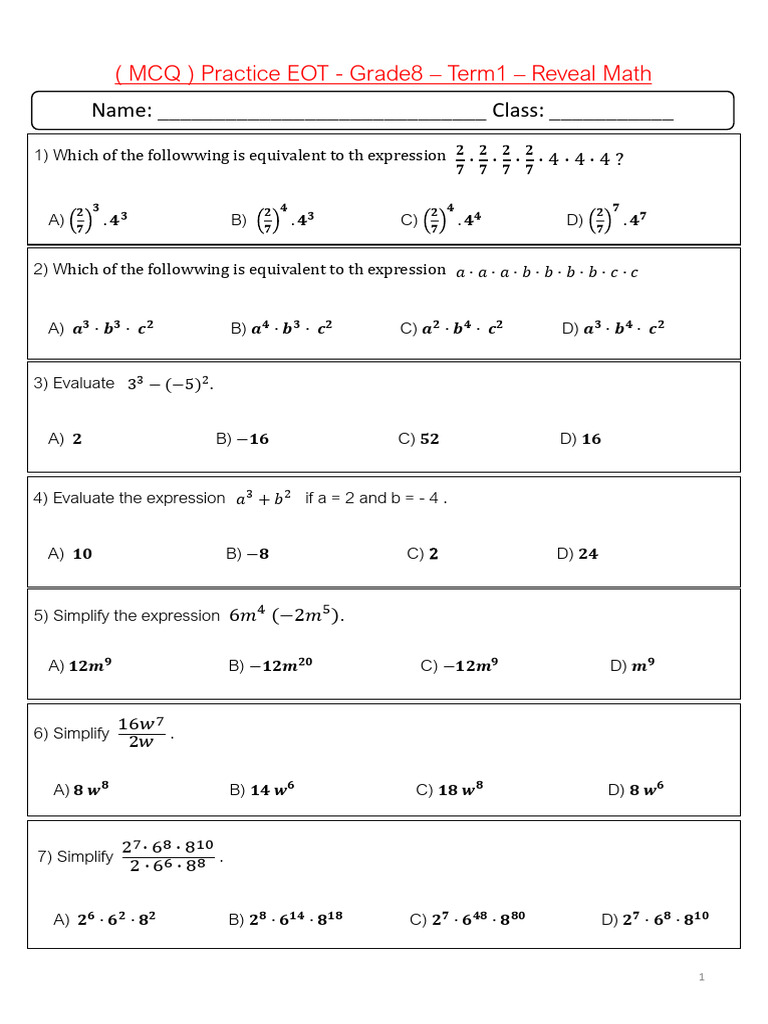 (MCQ) Practice EOT - Grade8 - Term1 - Reveal Math - Qs | PDF | Rational Number | Numbers