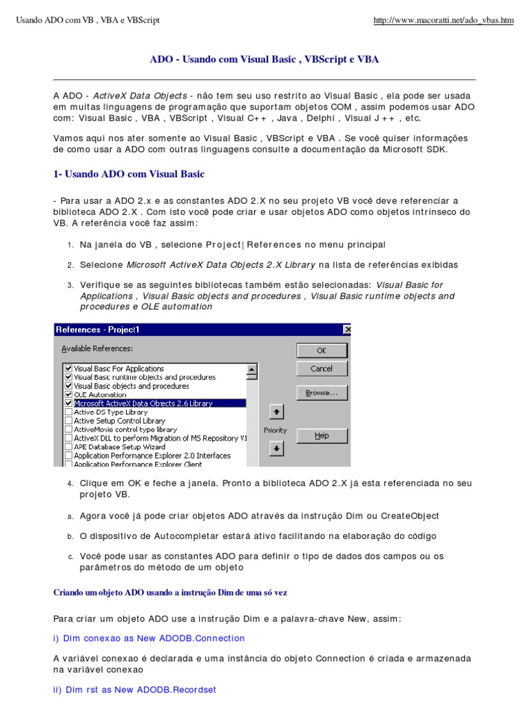 Usando ADO Com VB, VBA e VBScript | PDF | Visual Basic for Applications (linguagem de ...
