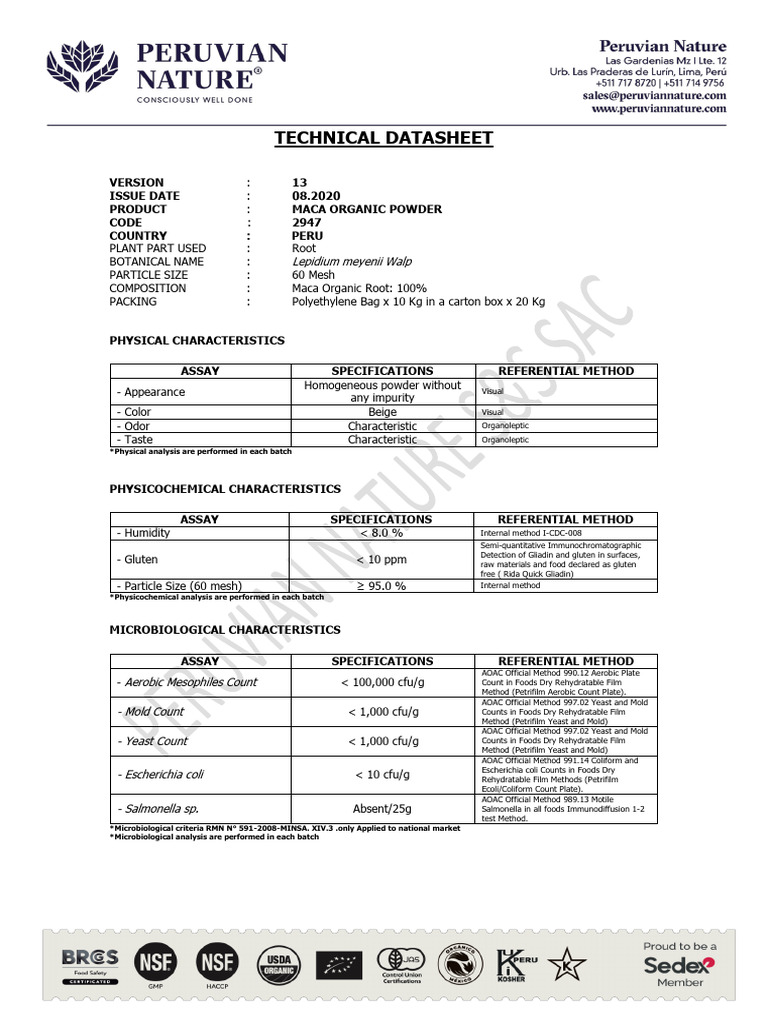 TDS - 2947 - Maca Powder - Organic - v13-2022 | PDF | Plants | Botany