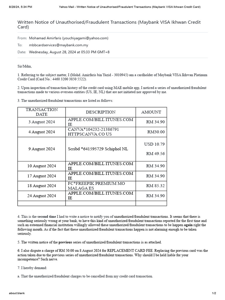 28.8.24 - Written Notice of Unauthorised - Fraudulent Transactions - Maybank VISA Ikhwan ...