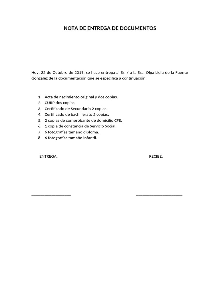 Ejemplo Nota de Entrega Documentos Word | PDF