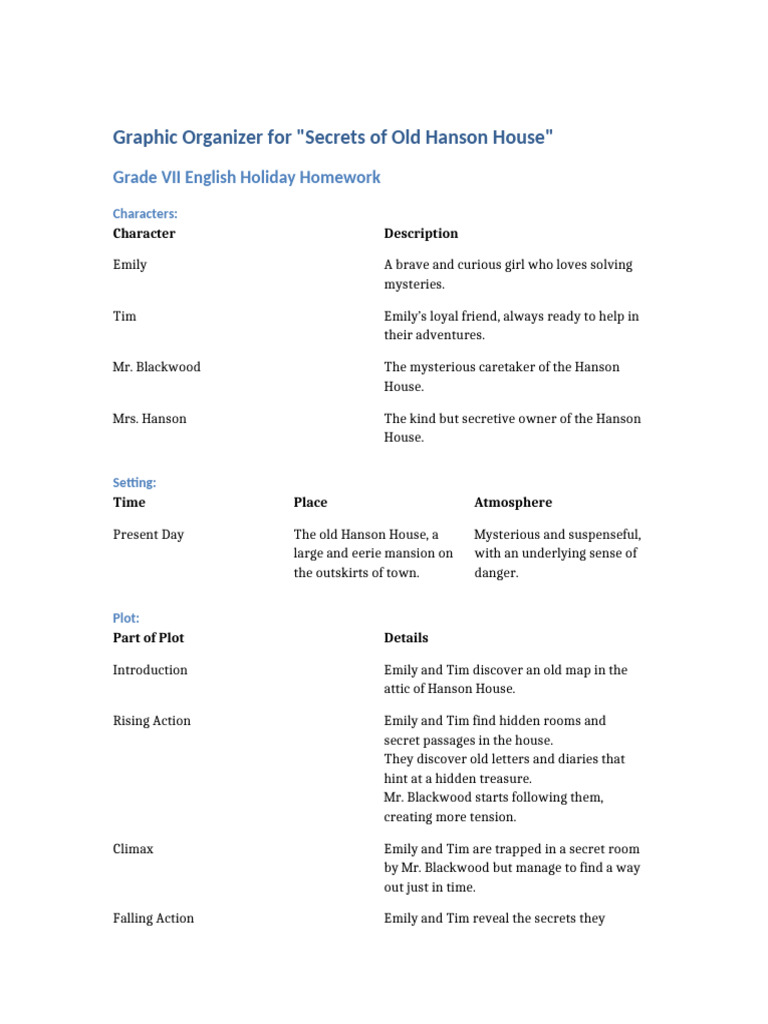 Graphic_Organizer_Secrets_of_Old_Hanson_House | PDF | Plot (Narrative)