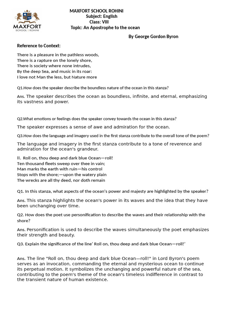 An Apostrophe To The Ocean Question Answer | PDF