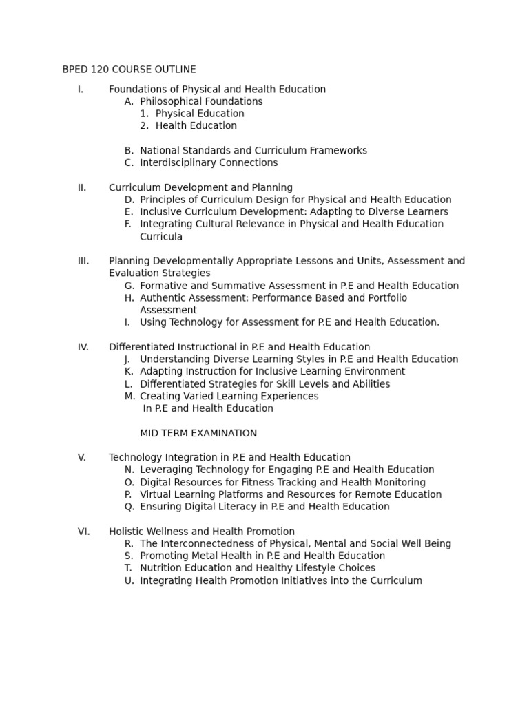 Bped 120 COURSE OUTLINE | PDF