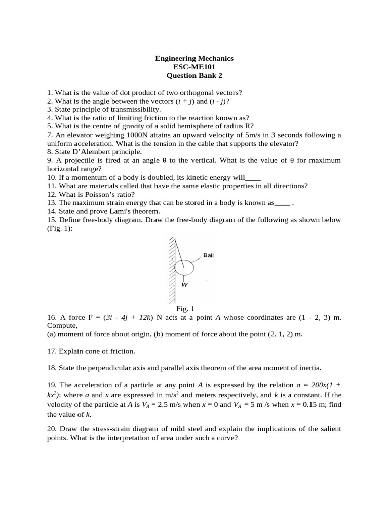 Question - Bank-2 - Engineering Mechanics - ESC-ME101 - 2024-25 | PDF ...