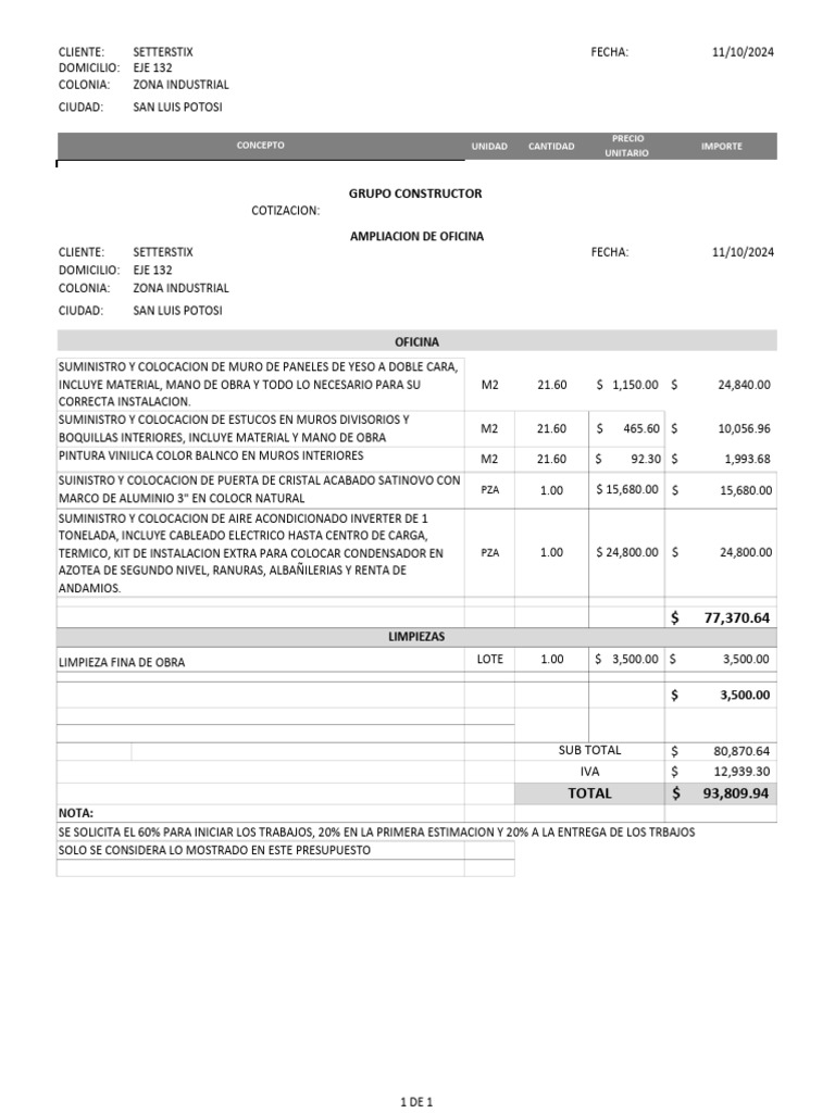 Cotización de Obra para Setterstix | PDF