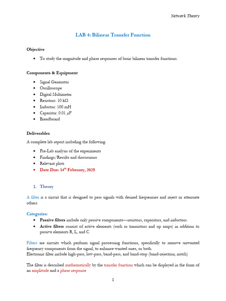 LAB 4 - Bilinear Transfer Function | PDF | Electronic Filter | Low Pass Filter