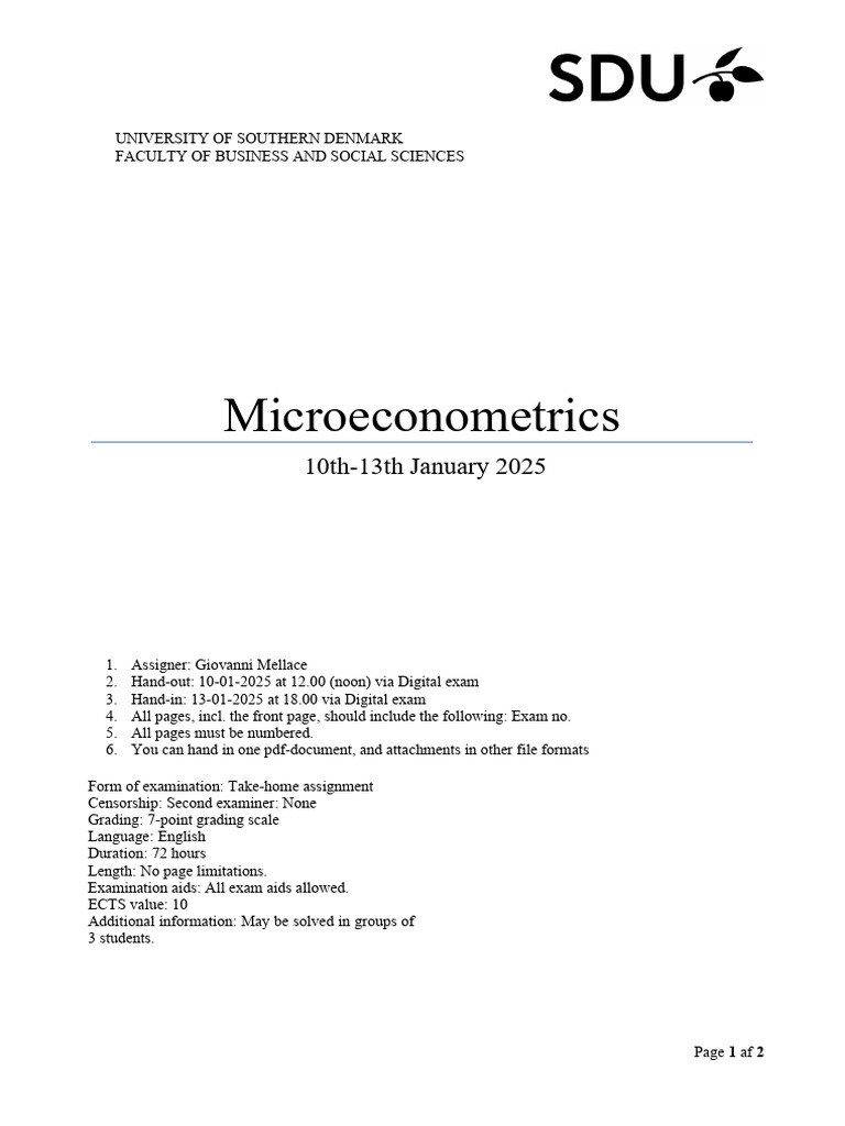Microeconometrics January Exam question V24_25o (3) | PDF | Regression Analysis | Econometrics