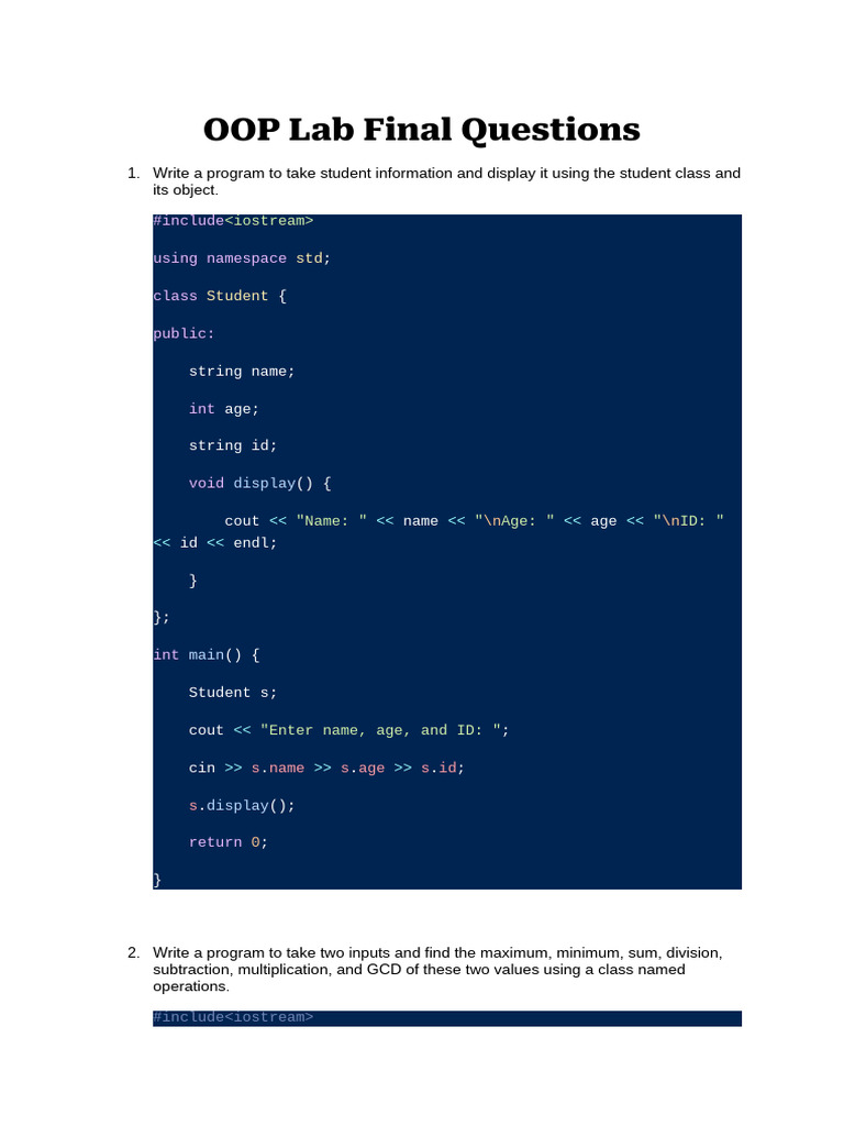 OOP&DSA Lab Final Questions | PDF | Namespace | Computer Programming