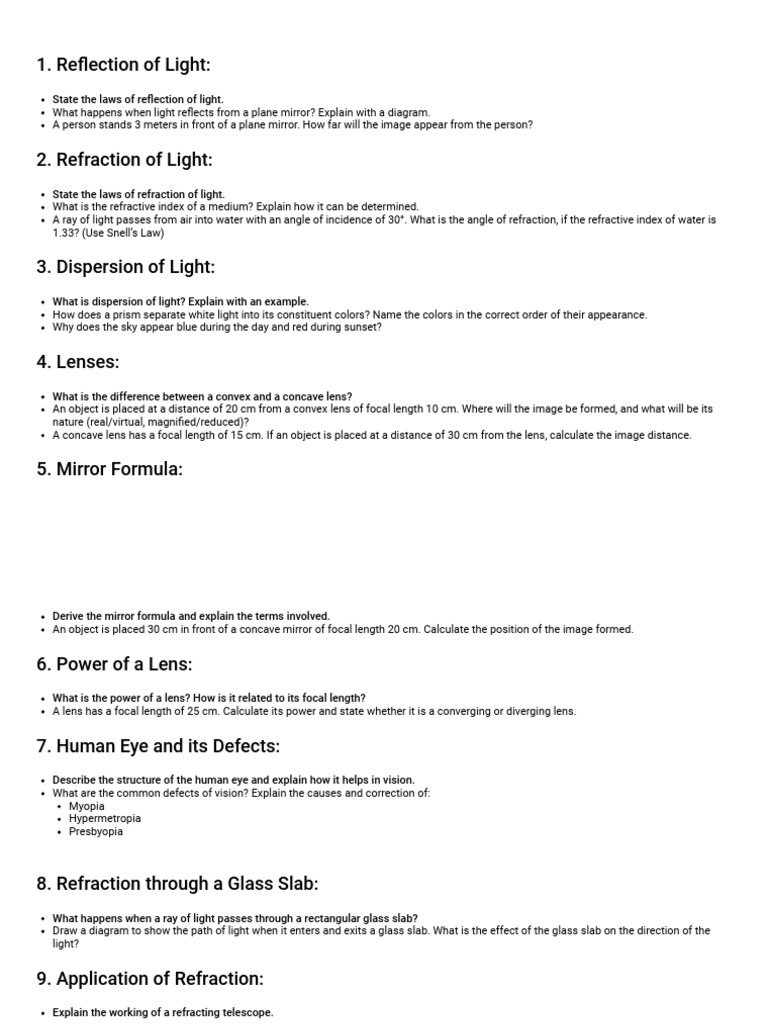 Physics Light Practice Ques Class 10 | PDF | Refraction | Waves