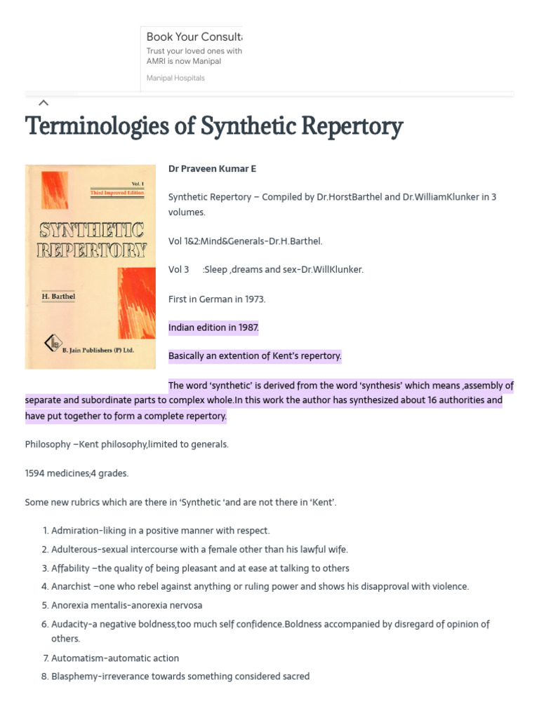Terminologies of Synthetic Repertory | PDF | Medical Specialties ...