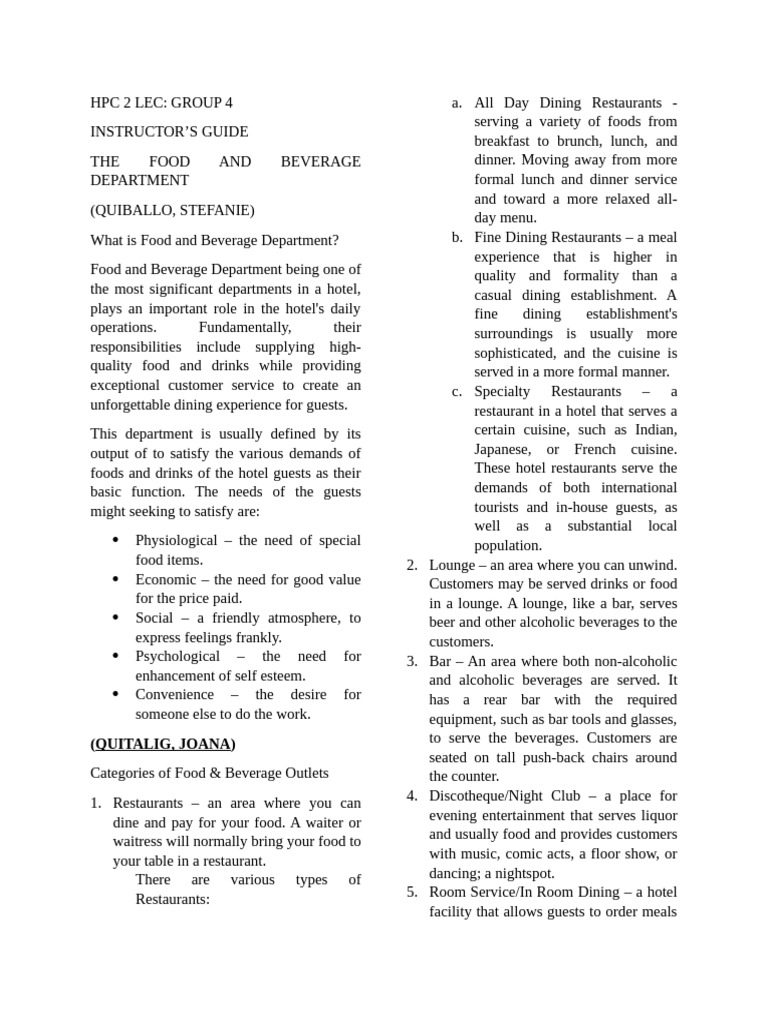 HPC 2 Lec - Group 4 Instructors Guide | PDF | Chef | Restaurants