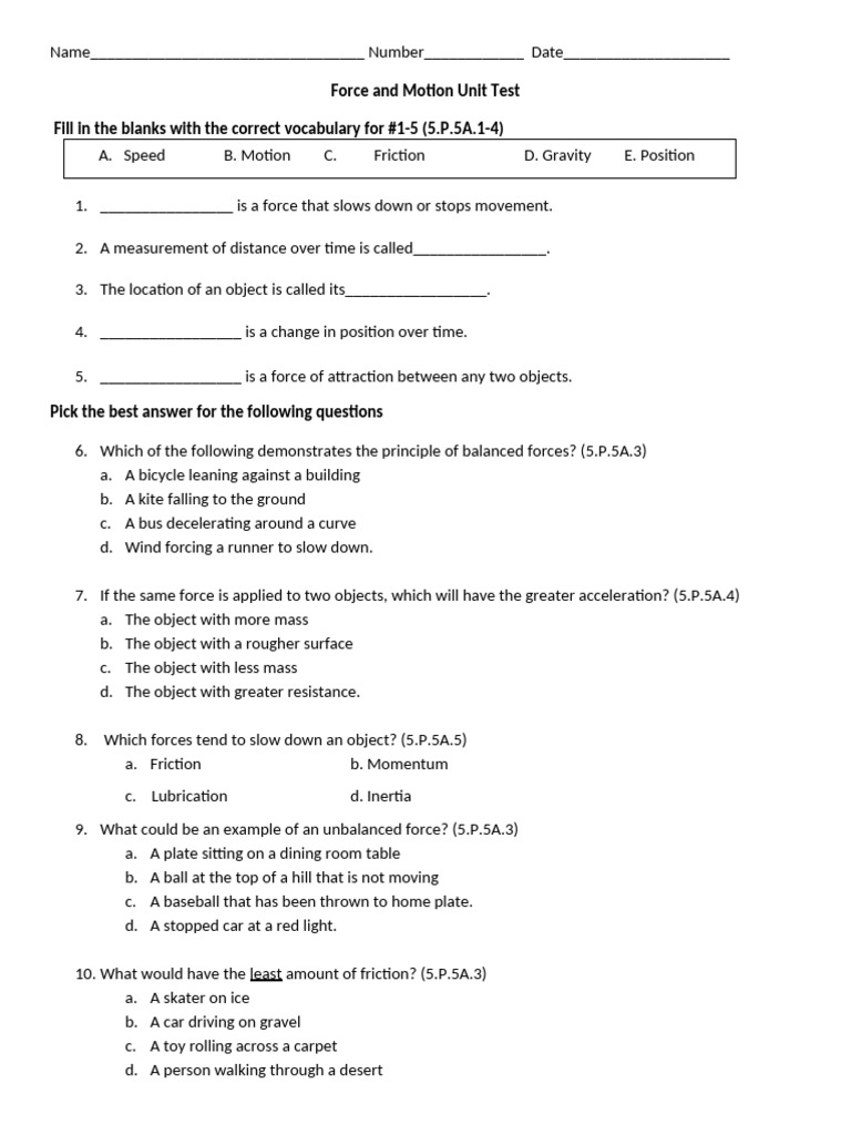 Force and Motion Unit Test Questions | PDF | Force | Friction