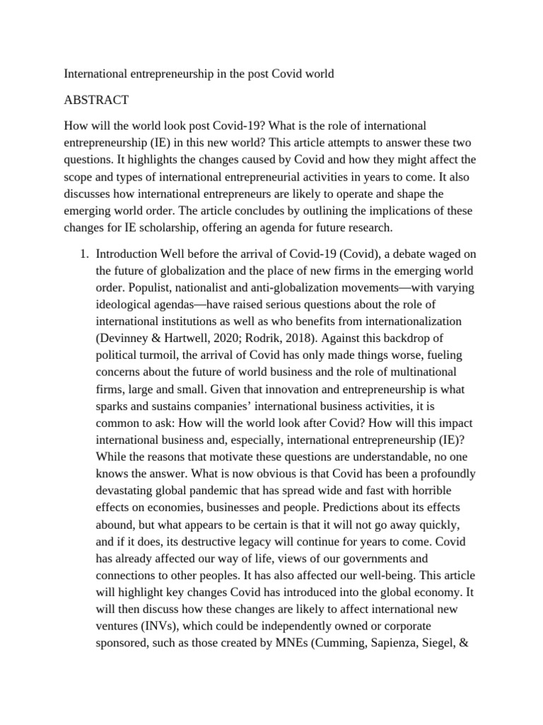 International Entrepreneurship in The Post Covid World | PDF ...