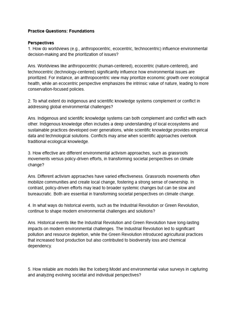 ESS Unit 1 - Practice Questions | PDF | Sustainability | Ecological Resilience