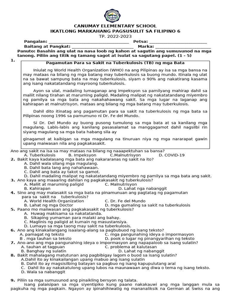 FILIPINO 6 3rd Quarterly Exam | PDF
