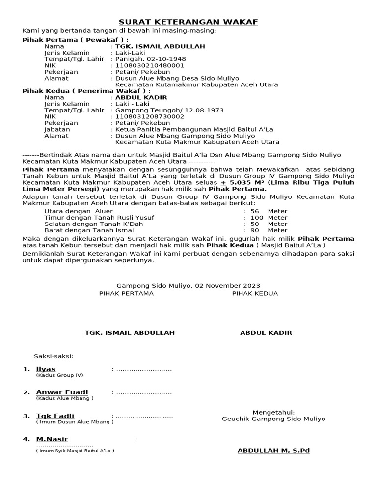 Surat Keterangan Wakaf | PDF