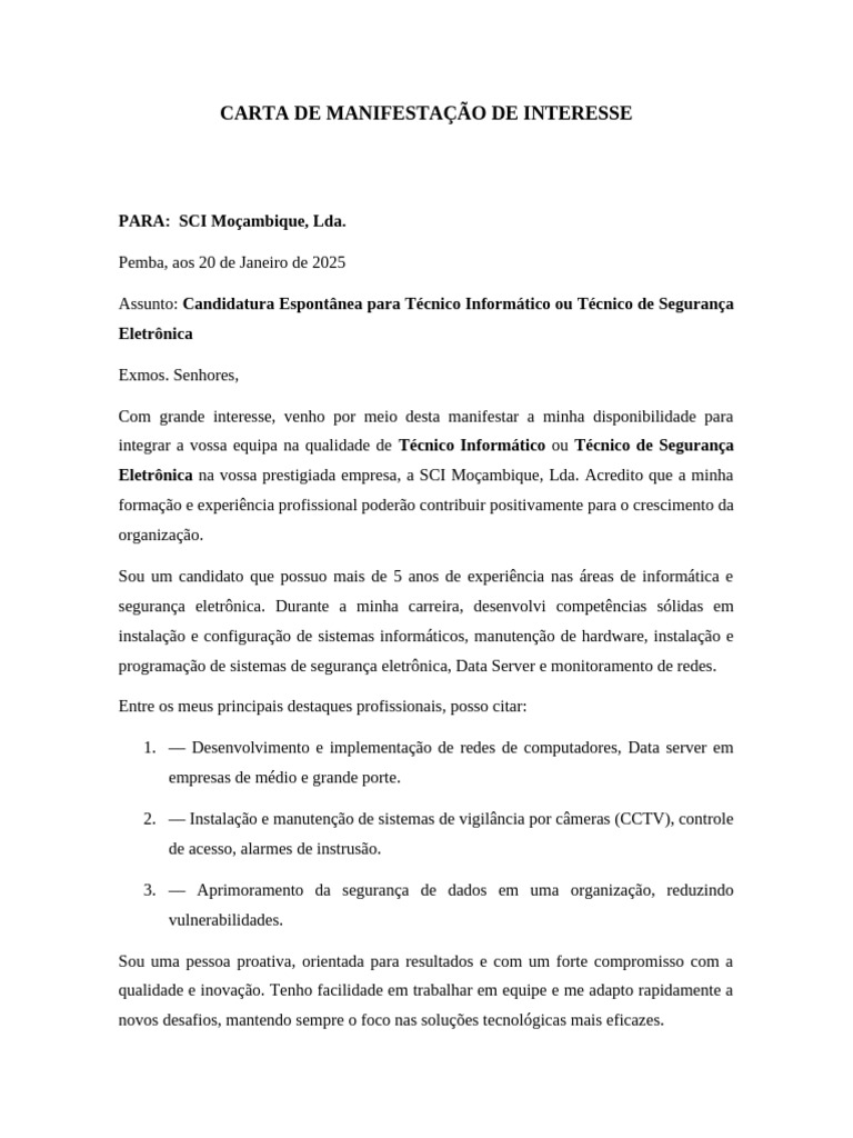 CARTA DE MANIFESTAÇÃO DE INTERESSE | PDF