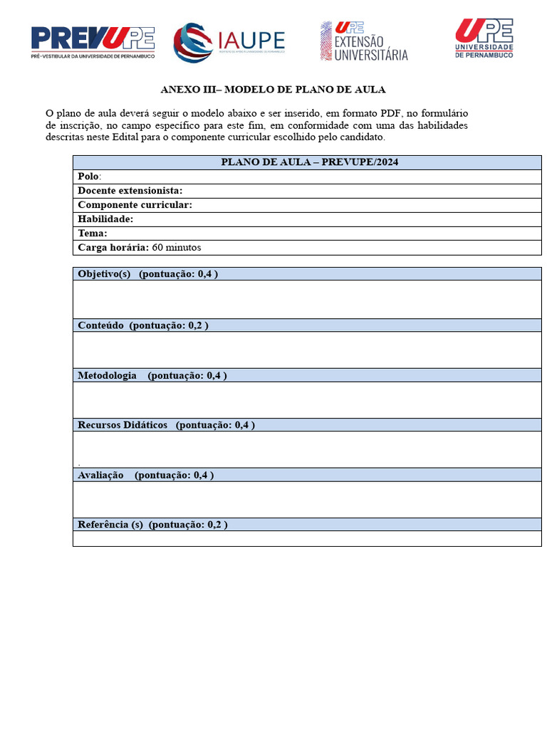 Anexo Iii Modelo de Plano de Aula | PDF