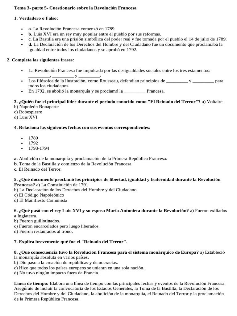 Cuestionario sobre la Revolución Francesa | PDF | revolución Francesa ...