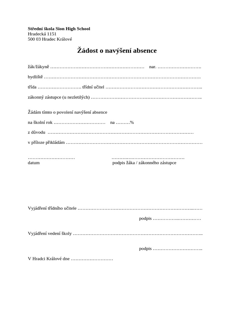 Zadost o Navyseni Absence 1 | PDF
