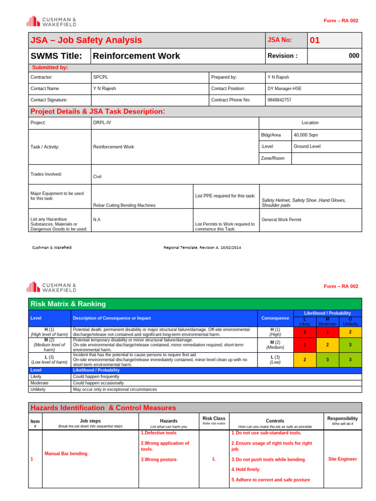 JSA - 01 - RA 000-Reinforcement | PDF | Occupational Safety And Health ...