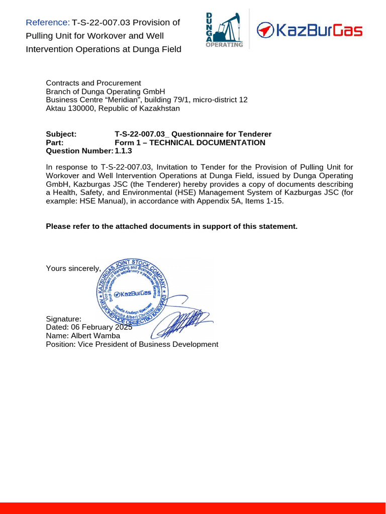 Dunga Field Workover Tender HSE Docs | PDF