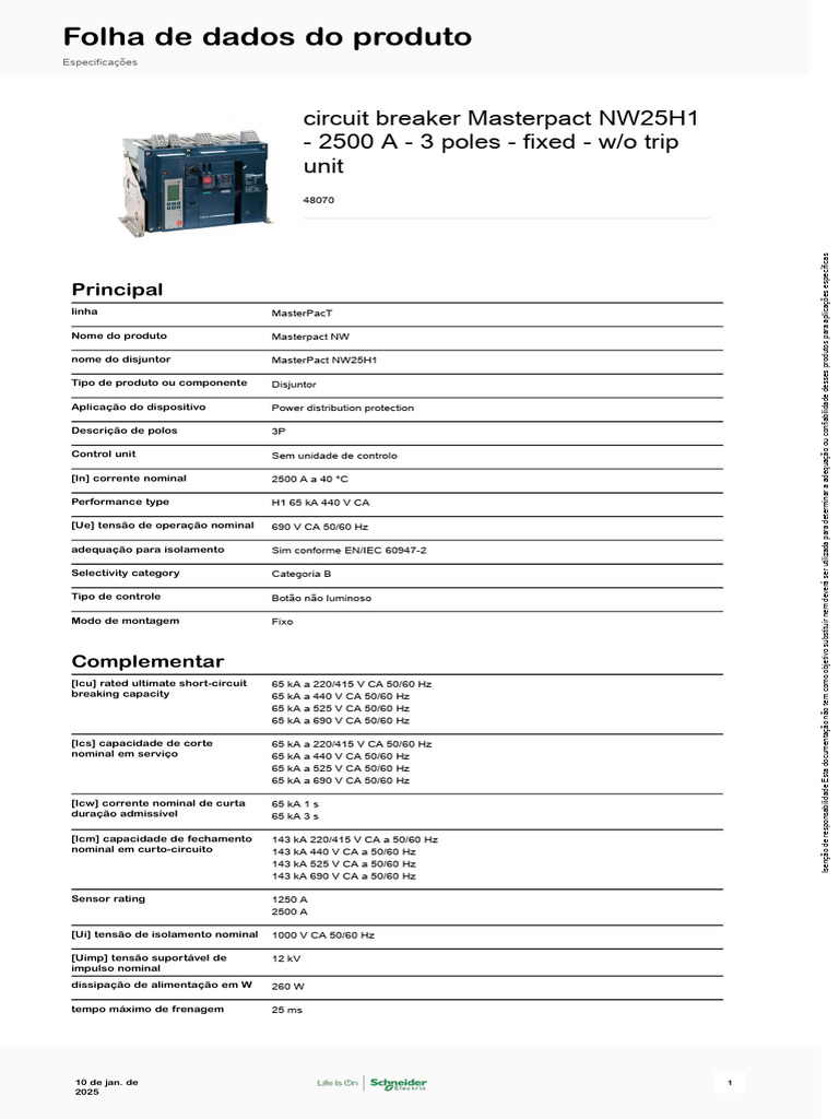 Disjuntor Masterpact NW25H1 2500A | PDF | Materiais