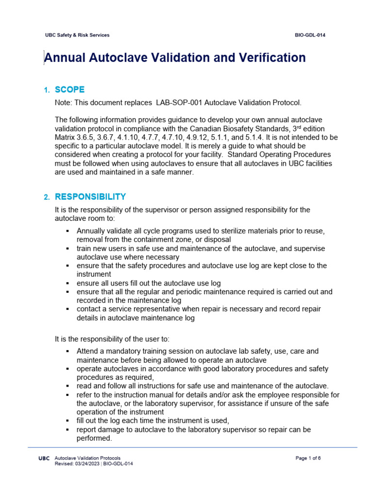 BIO GDL 014 Annual Autoclave Validation Protocol | PDF | Sterilization (Microbiology ...