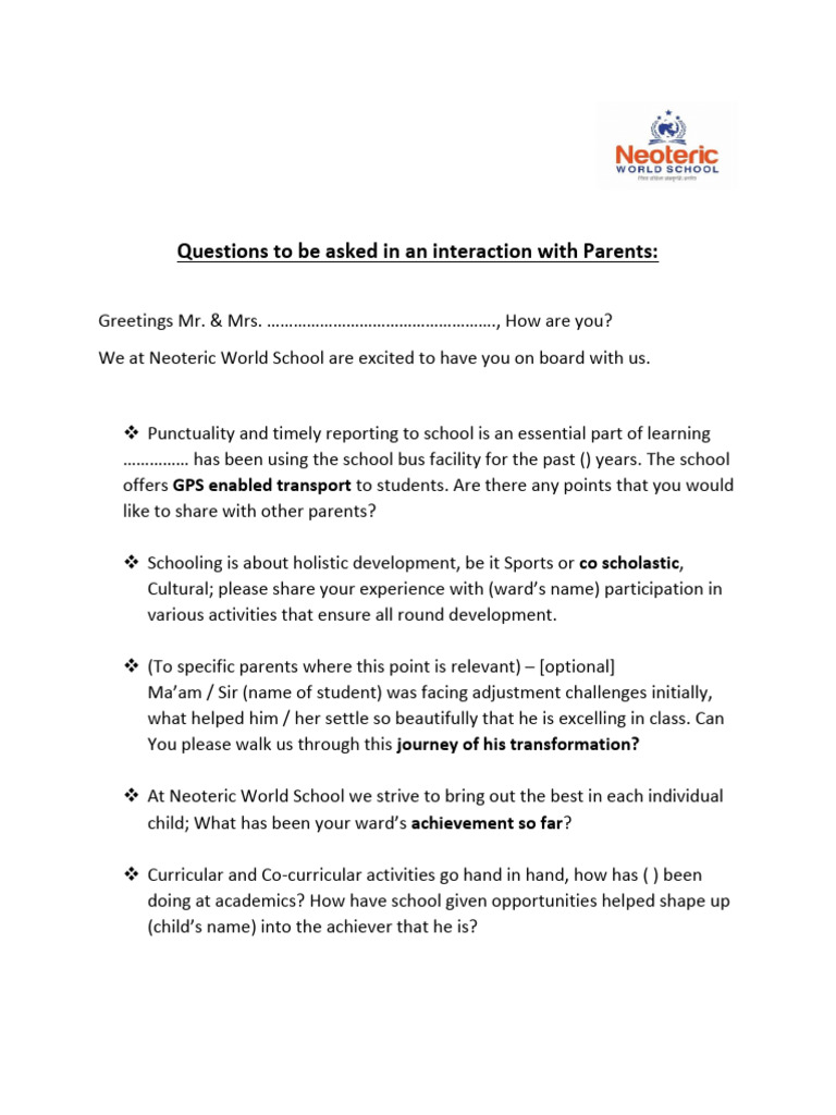 Parent Interaction Questions for Schools | PDF