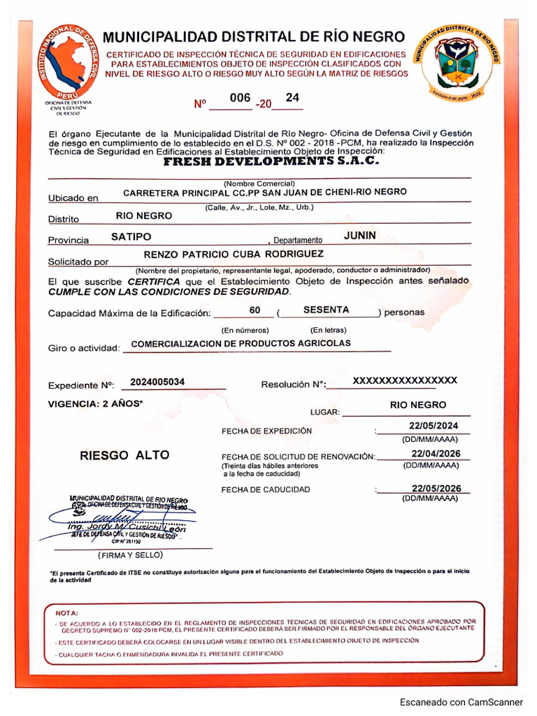 Certificado INDECI 2024 FRESHH DEBELOPMENTS | PDF