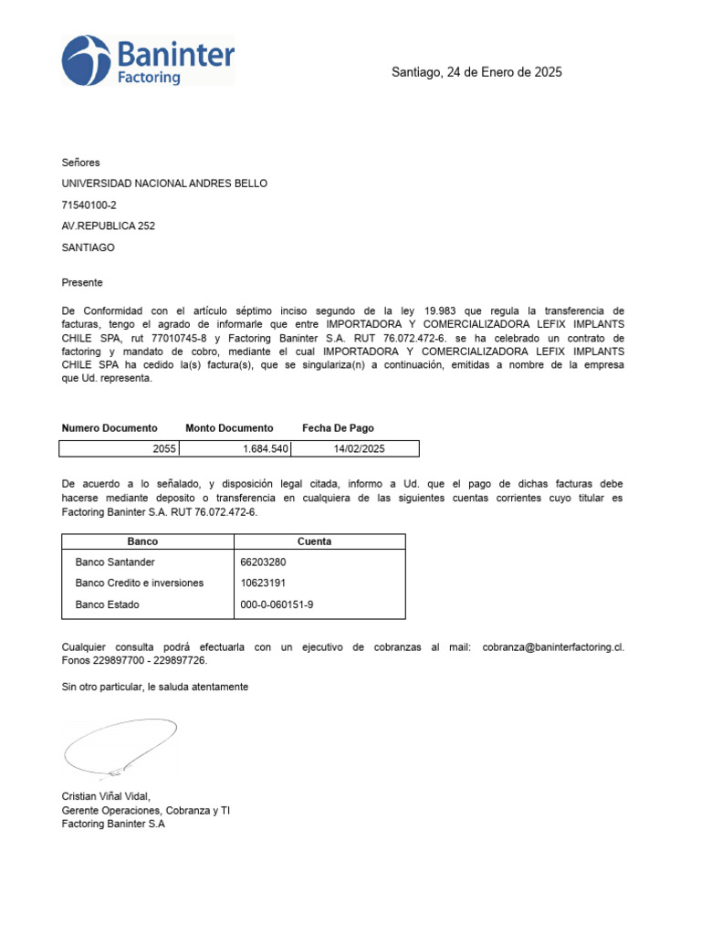 Santiago, 24 de Enero de 2025: Monto Documento Fecha de Pago Numero ...
