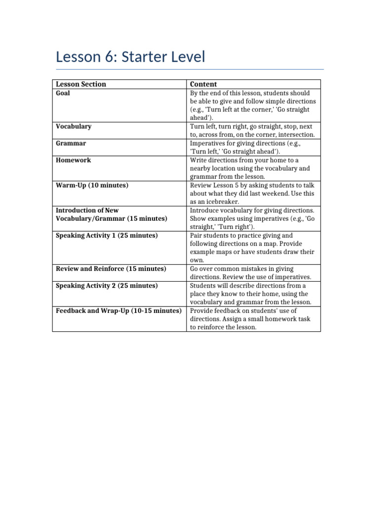 Lesson 6 Starter Level Plan Blue Borders | PDF