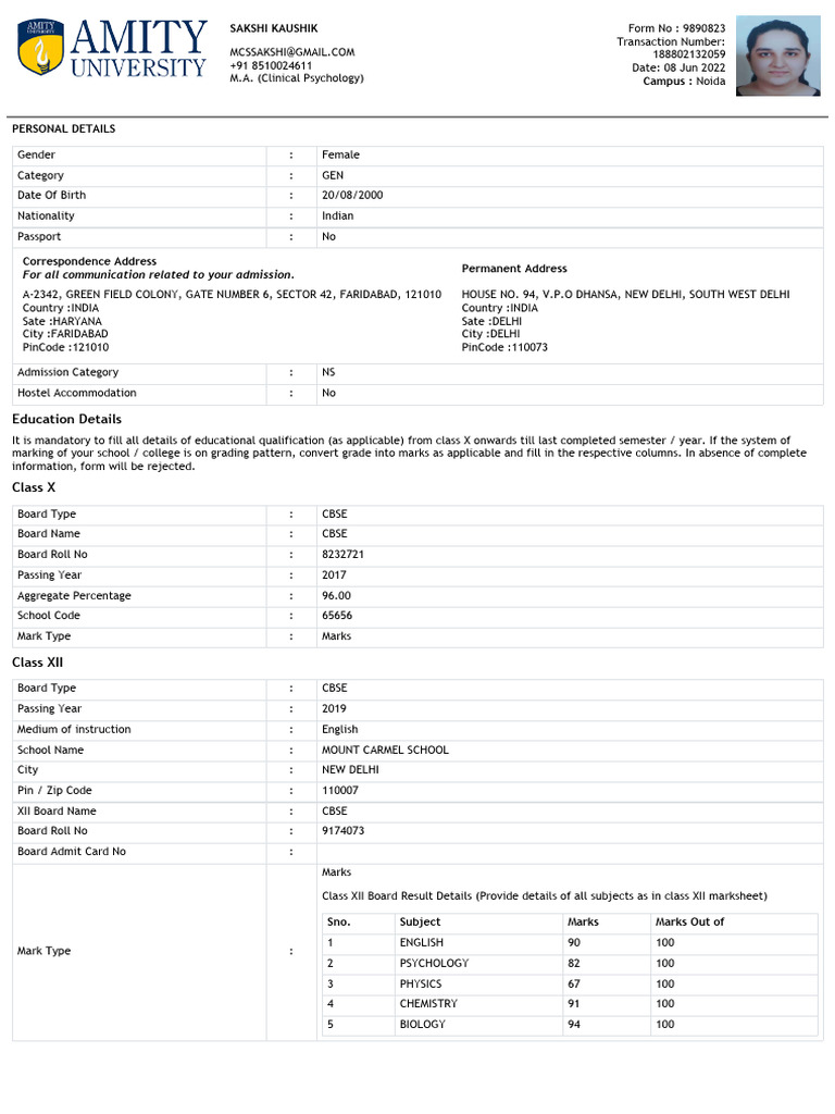 Amity Application Form | PDF | Educational Stages