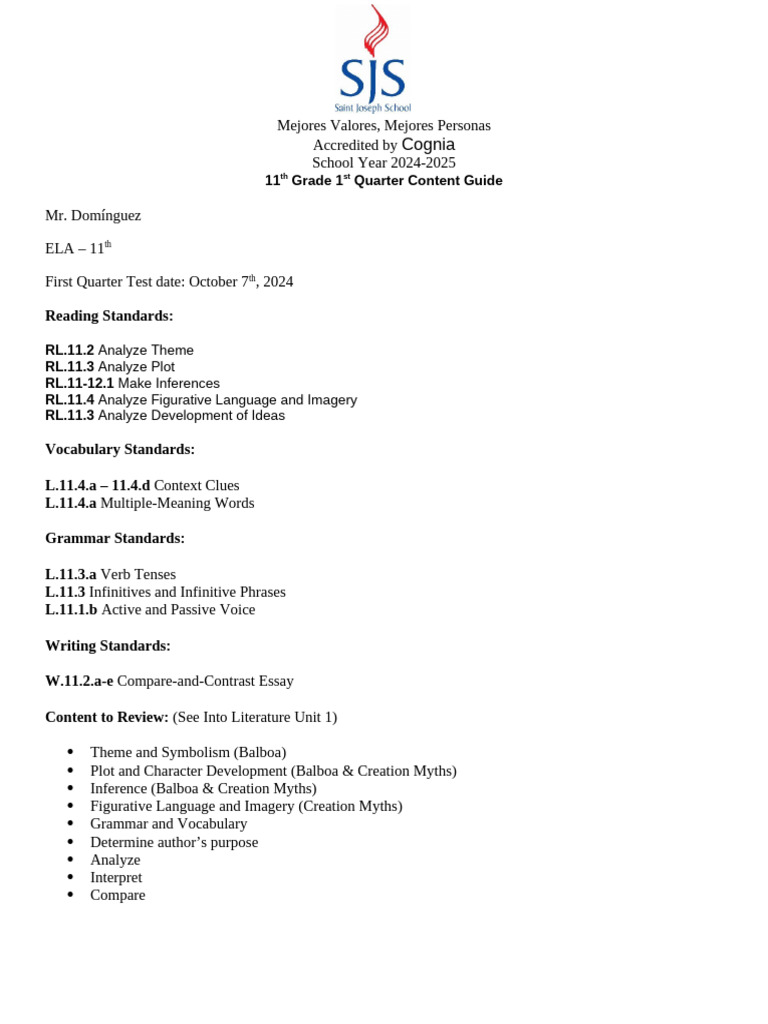 11th Grade 1st Quarter ELA Content Guide, 2024-2025 (DMNGZ) | PDF