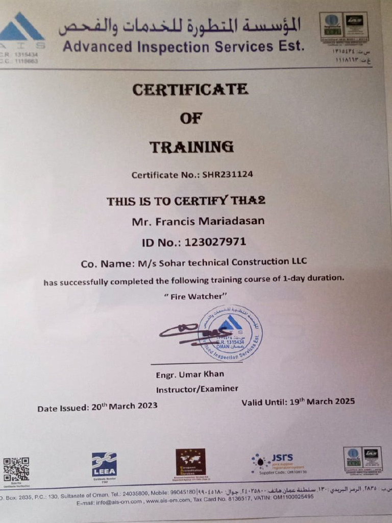 Francis Maridasan Fire Watcher Certificate | PDF