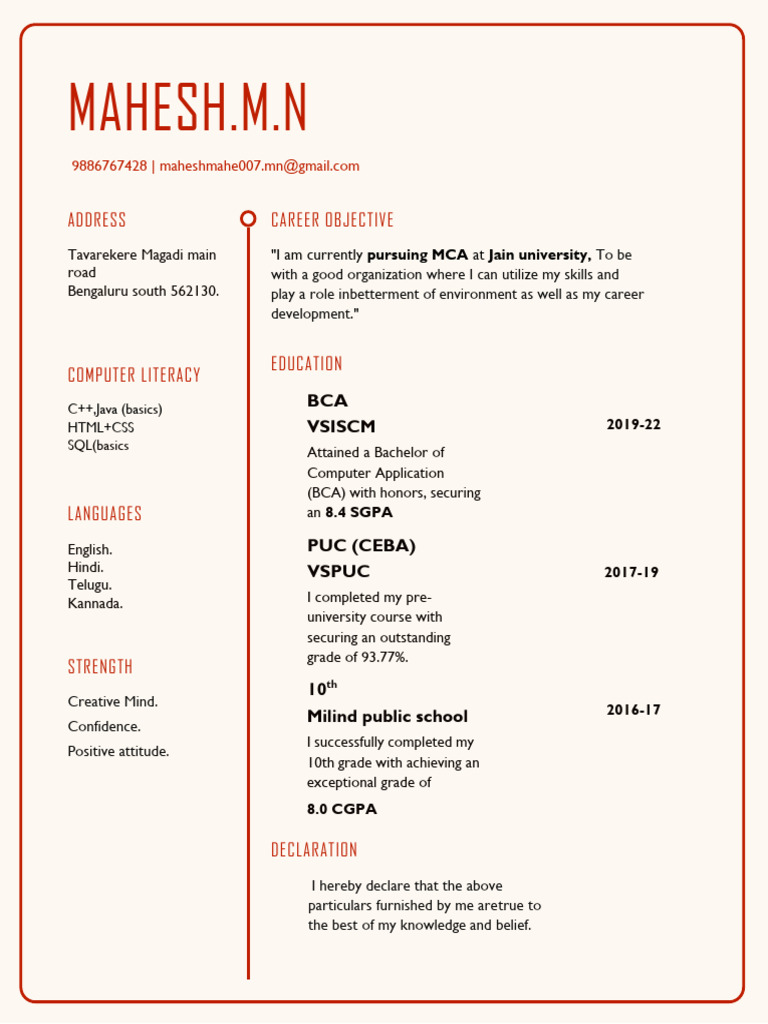 MCA Student Resume - Skills & Education | PDF