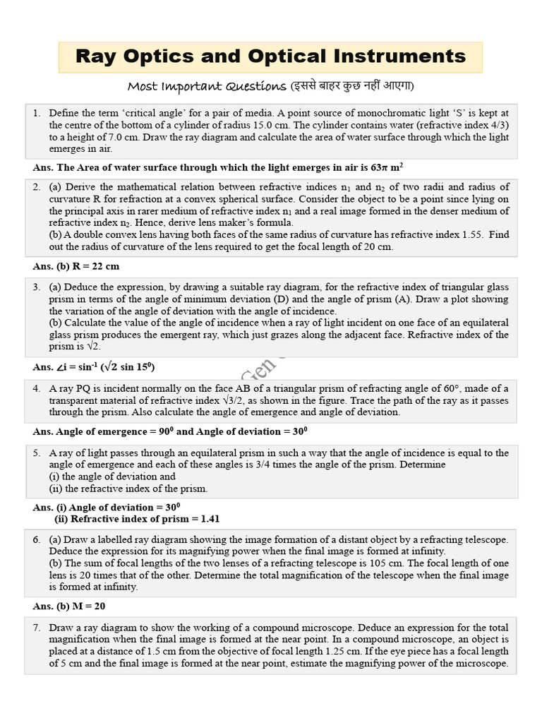 Ray Optics and Wave Optics Important Questions | PDF | Diffraction ...