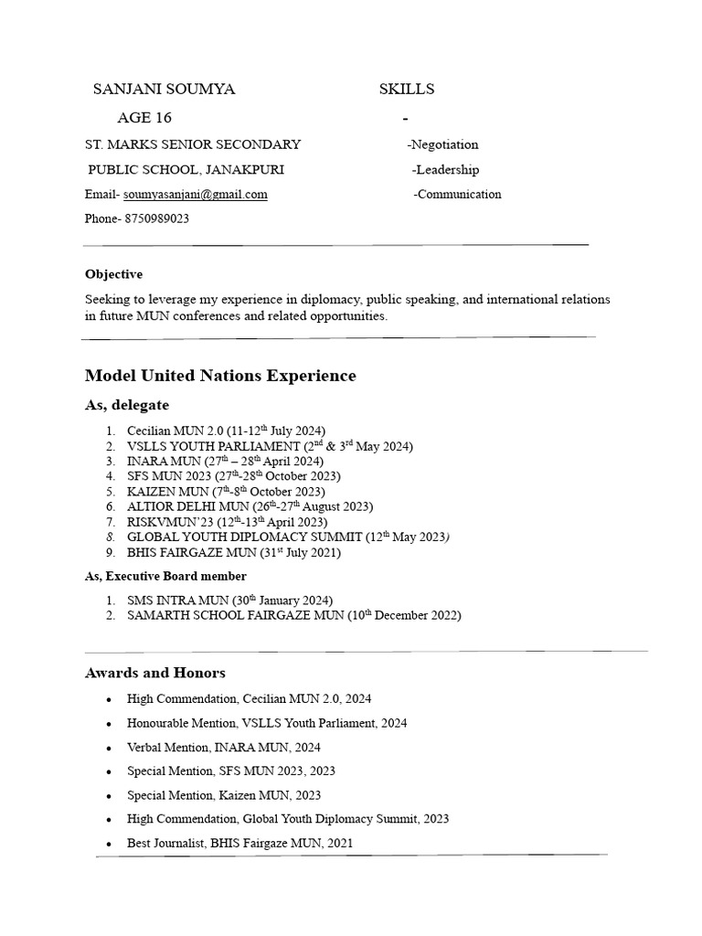 MUN Experience and Achievements Resume | PDF