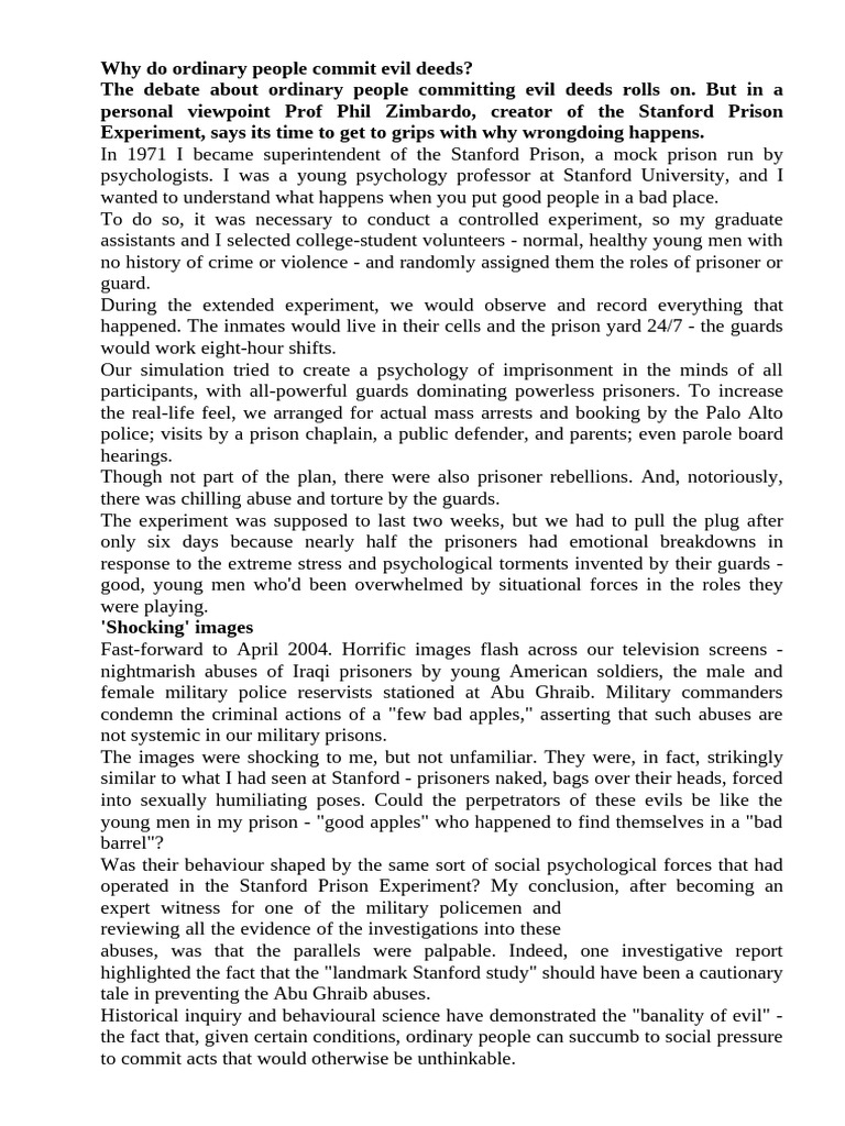 Why Do Ordinary People Commit Evil Deeds | PDF | Psychology | Social ...