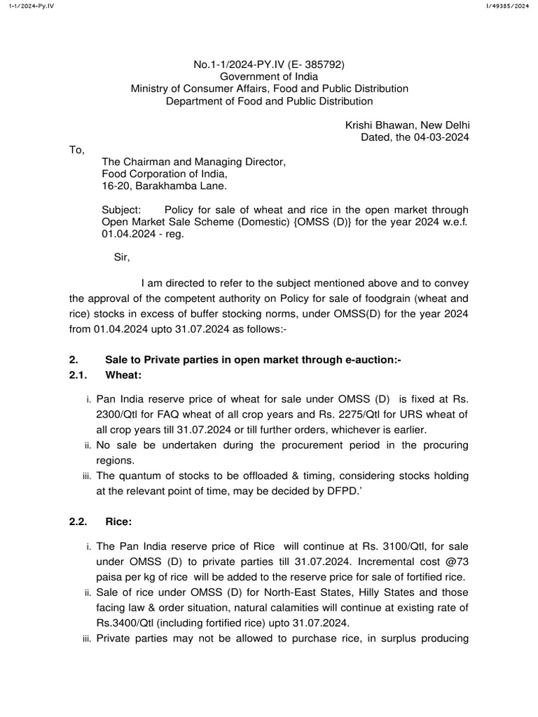 2024 Wheat and Rice Sale Policy OMSS(D) | PDF | Economies