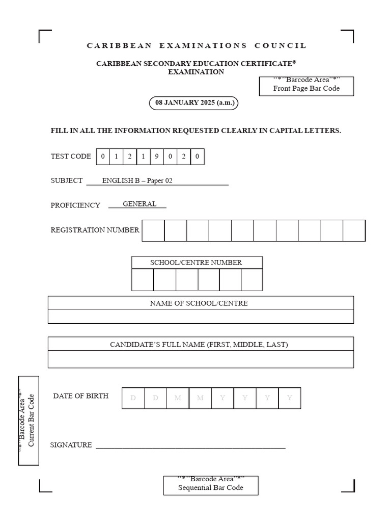 Csec Engb P2 January 2025 Pdf Barcode Writing