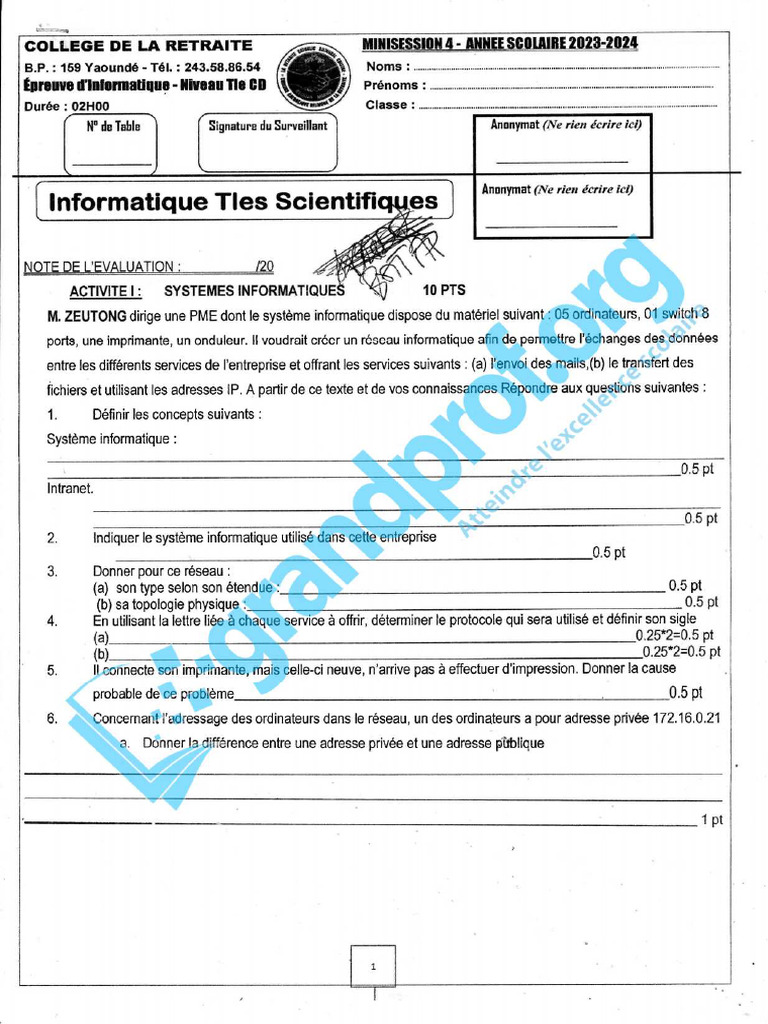 Informatique TleCD BAC Blanc College Retraite Fevrier 2024 | PDF