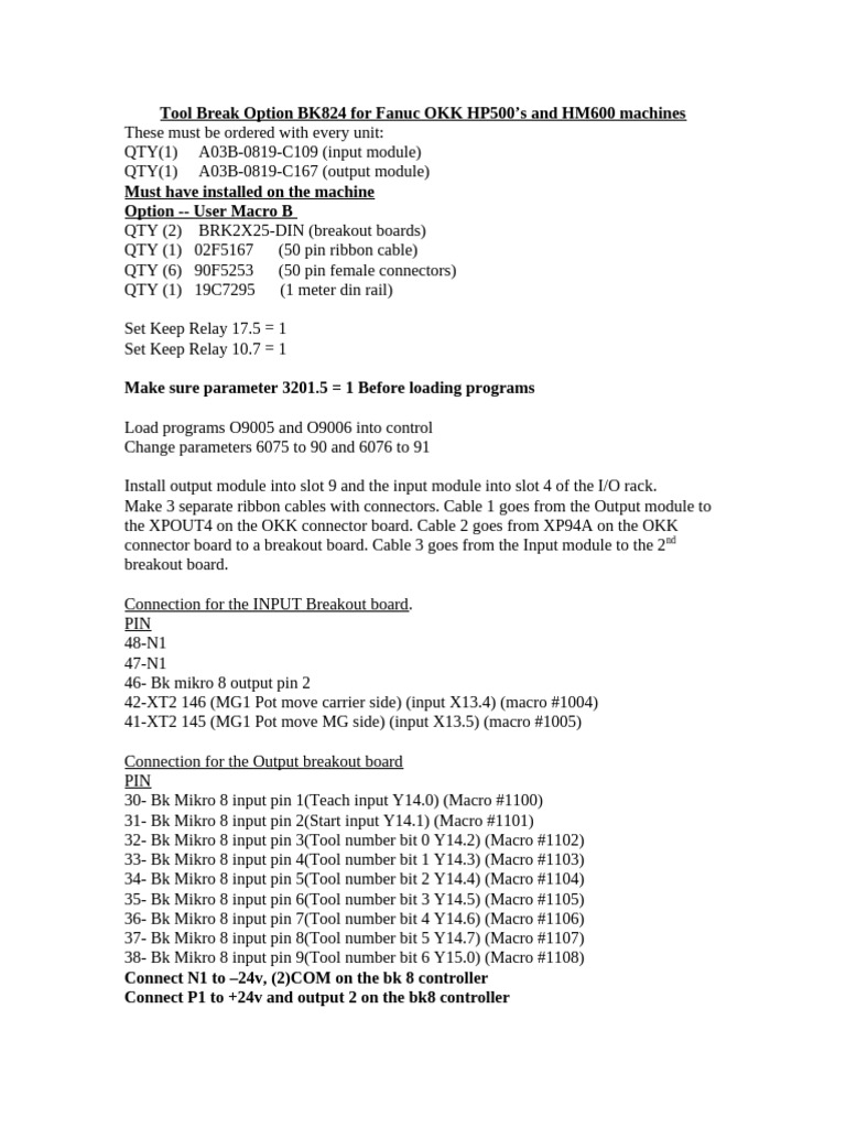 Tool Break Option BK824 For Fanuc Controlled Okk Machines | PDF ...