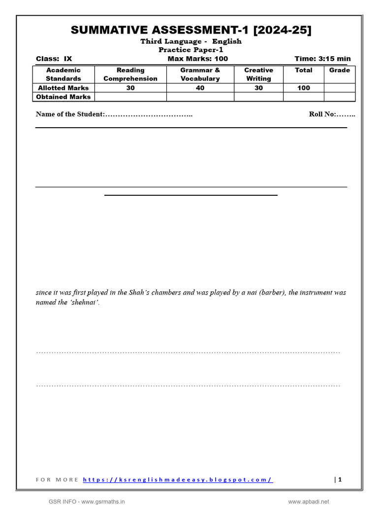 9th Class SA 1 English 2024-25 Model Paper 1 GSR INFO-www - Gsrmaths.in ...
