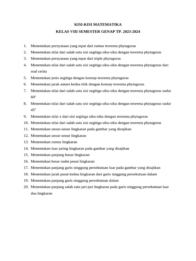 Kisi-Kisi PTS Genap Matematika-8 TP. 2023-2024 | PDF