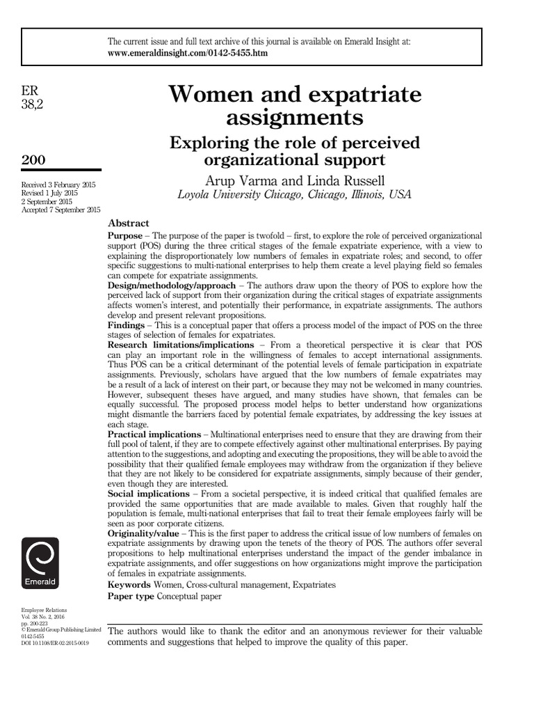 Women and Expatriate Assignments: Exploring The Role of Perceived ...