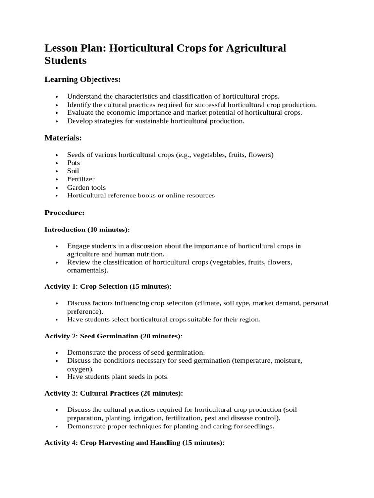 Lesson Plan Horticultural Crops | PDF | Horticulture | Vegetables
