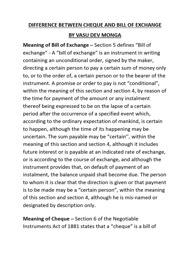Cheque vs Bill of Exchange Explained | PDF | Negotiable Instrument | Cheque