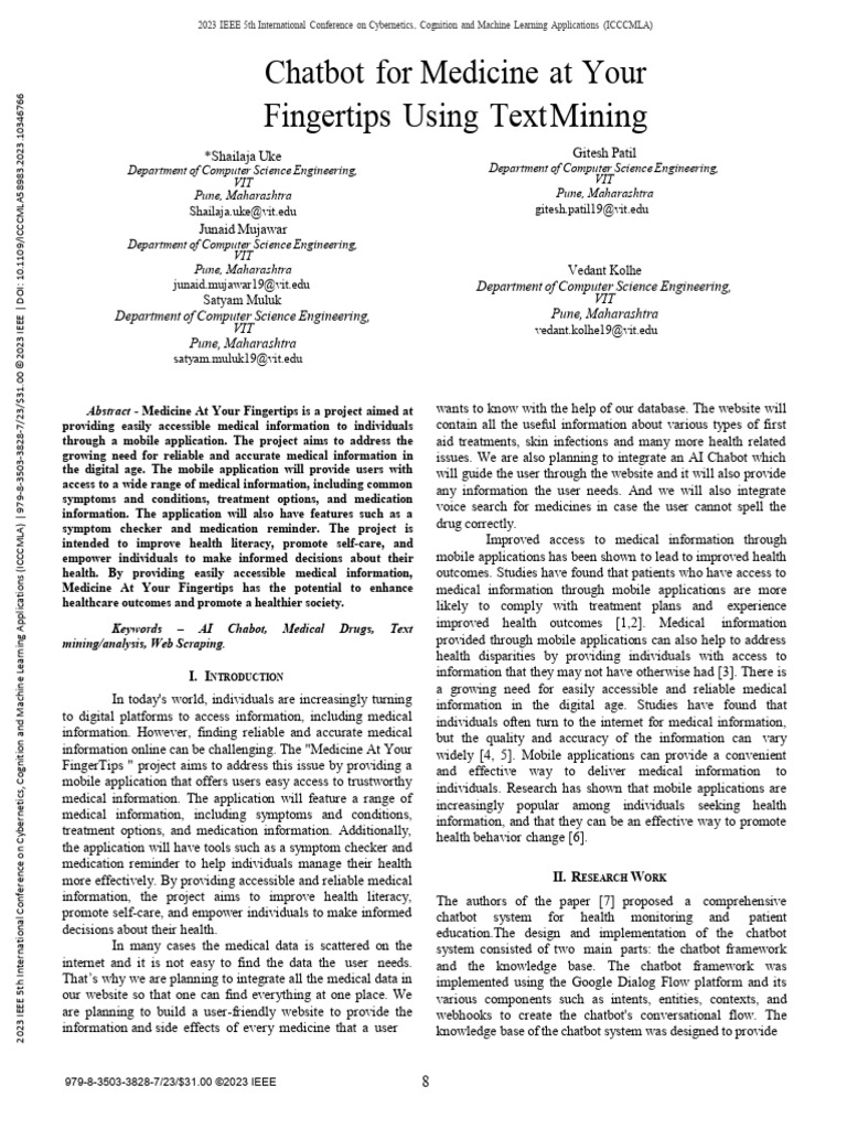 Chatbot For Medicine at Your Fingertips Using TextMining | PDF | Usability | Machine Learning
